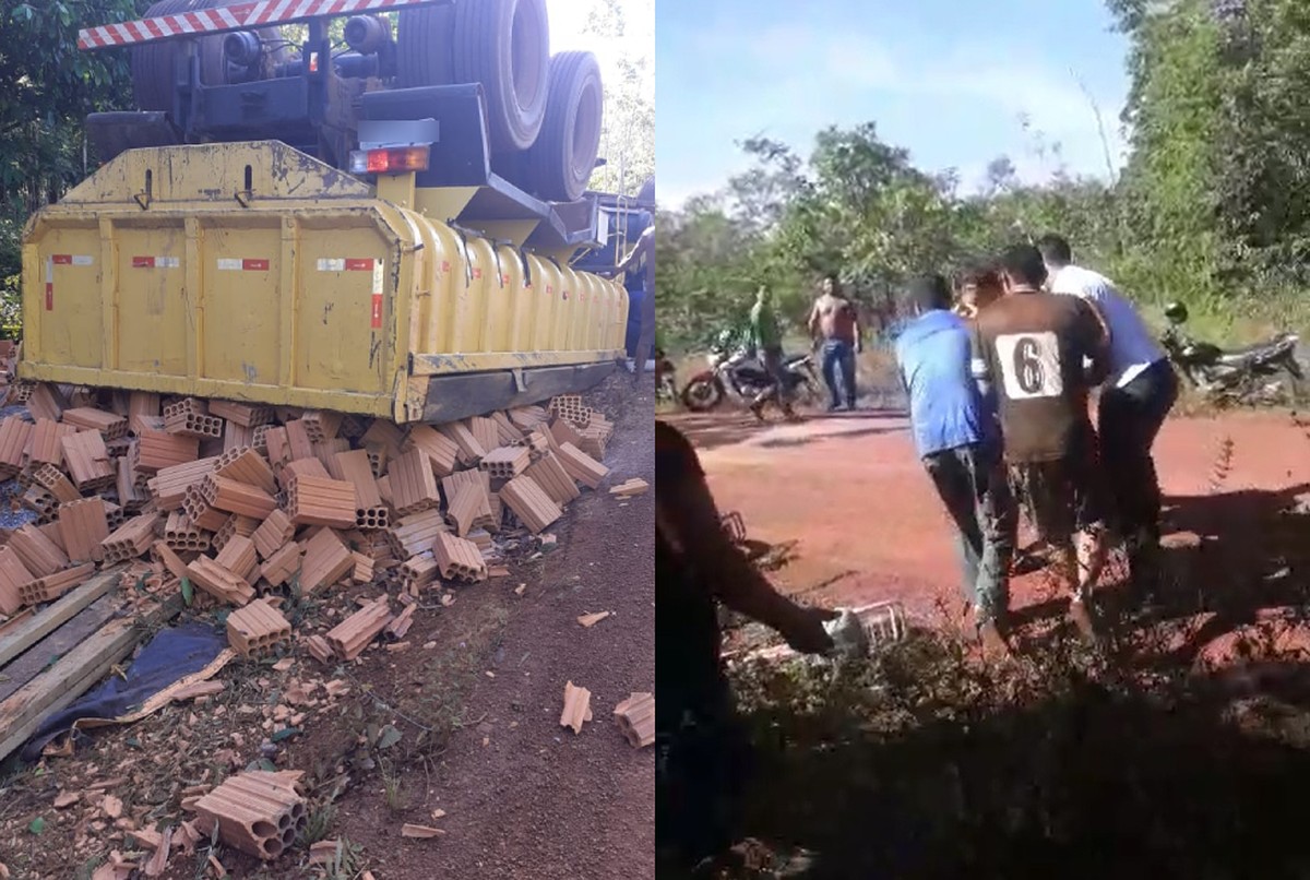 Dois homens ficam feridos após caminhão tombar tijolos em estrada