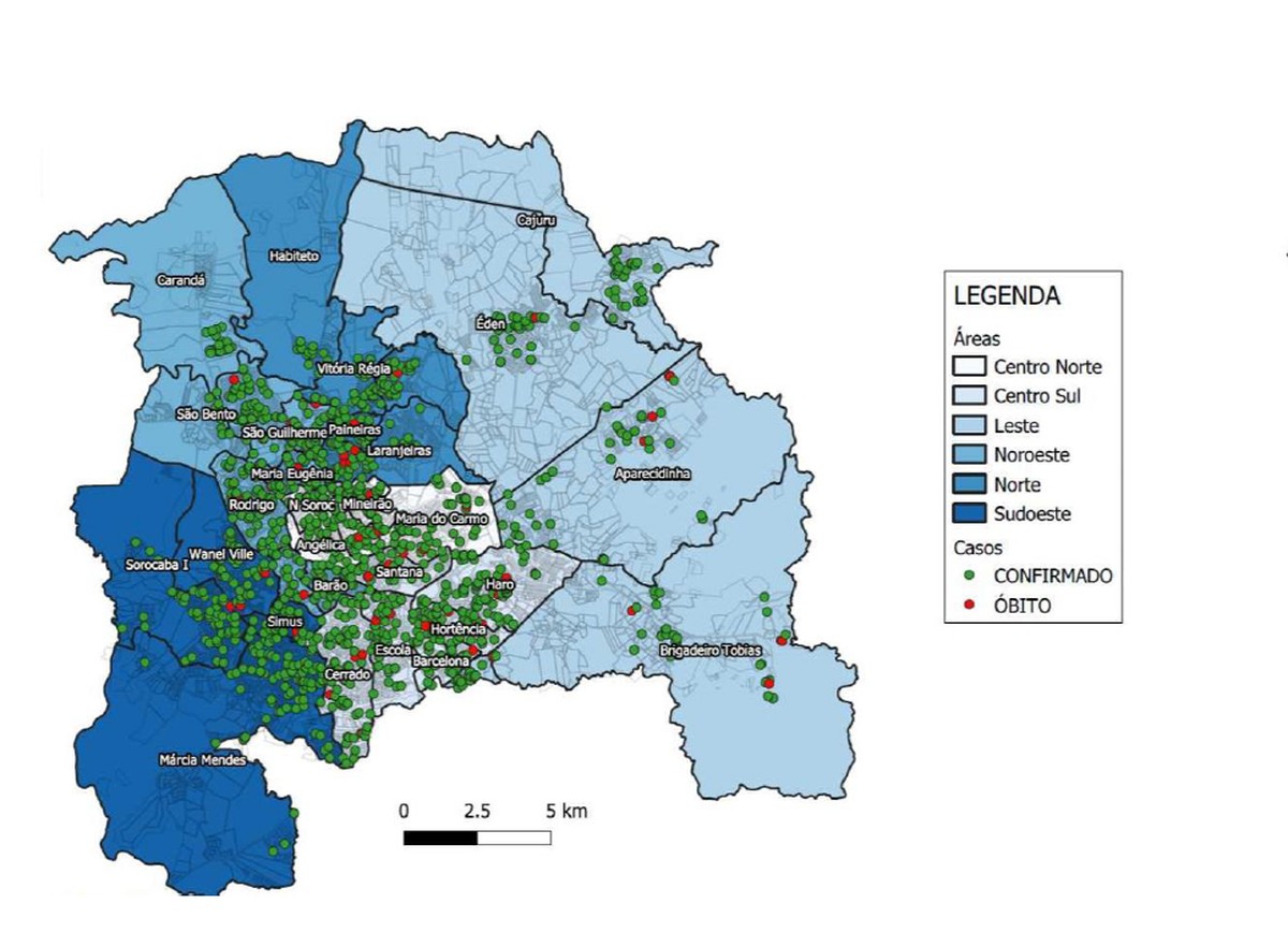 Mapa mostra concentração de casos de Covid 19 em Sorocaba Sorocaba e