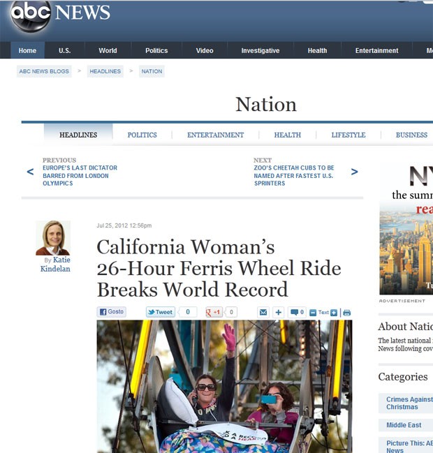 G1 - Por recorde, americana anda mais de 26 horas em roda gigante ...