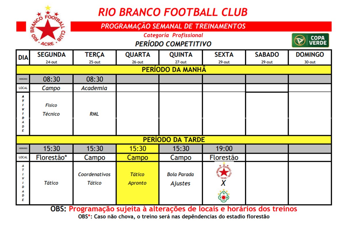 Veja programação de treinos do Rio Branco-AC para semana de estreia da ...
