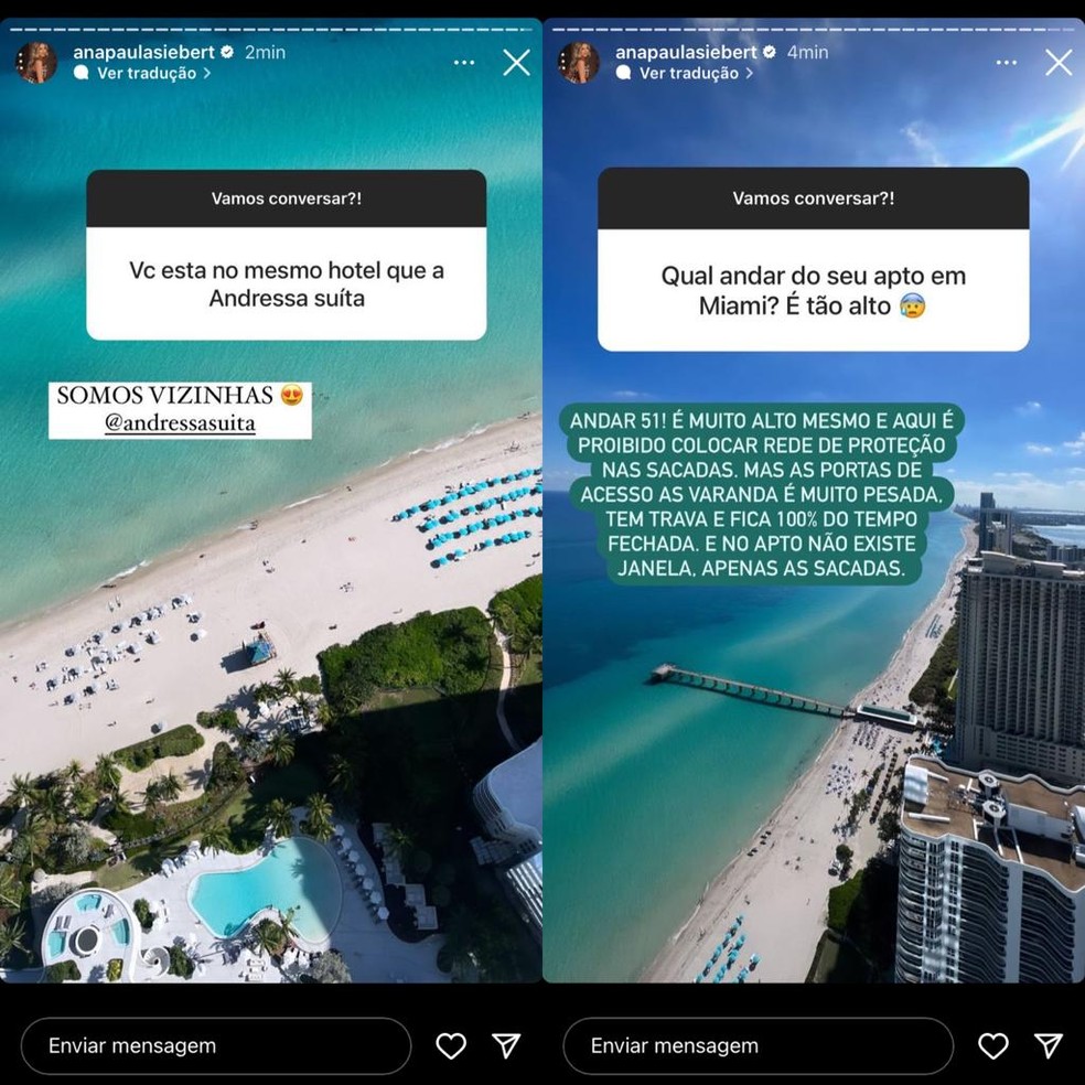 Ana Paula Siebert mostra vista para o mar e diz que é vizinha de ...