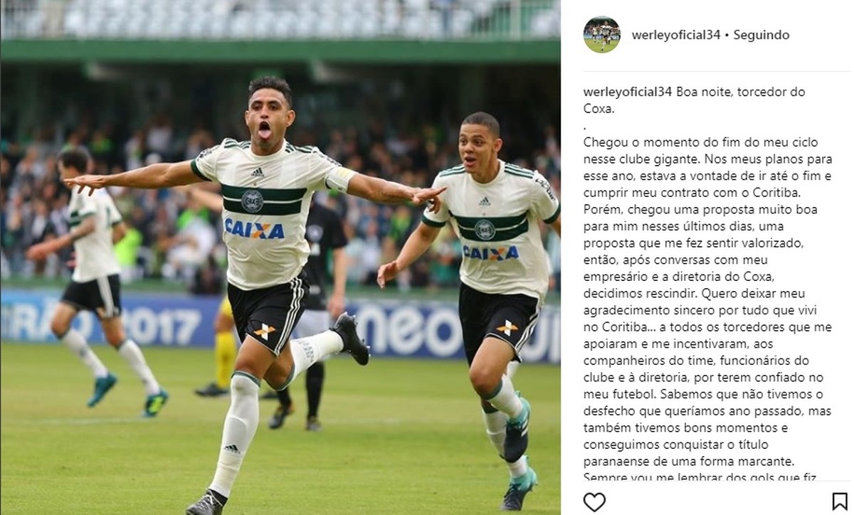 Em despedida, Werley agradece Coritiba e explica motivos de saída ...