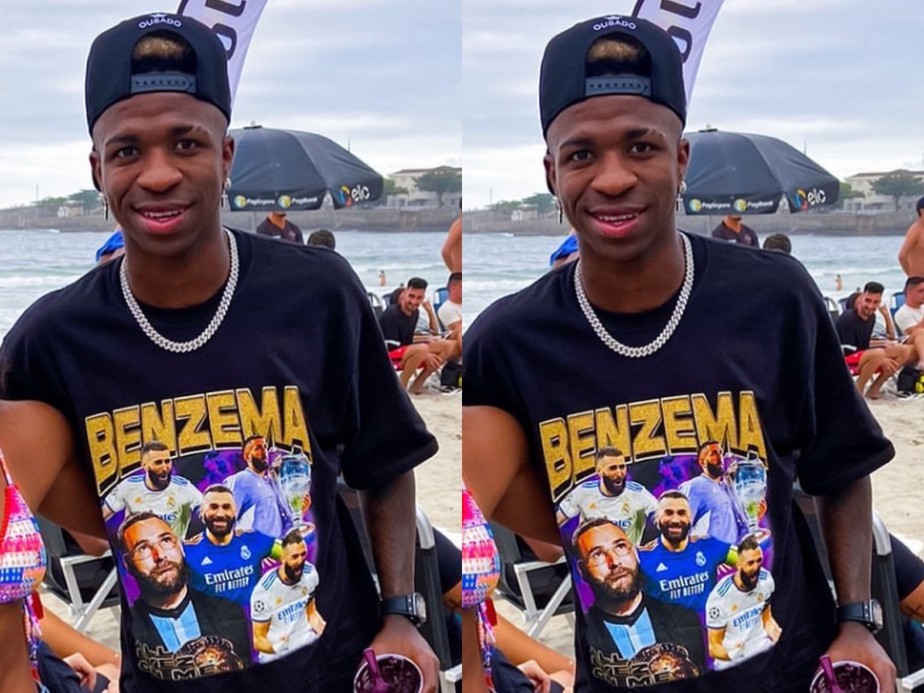 Vinicius Jr. passeia por Copacabana usando camisa com fotos de Benzema ...