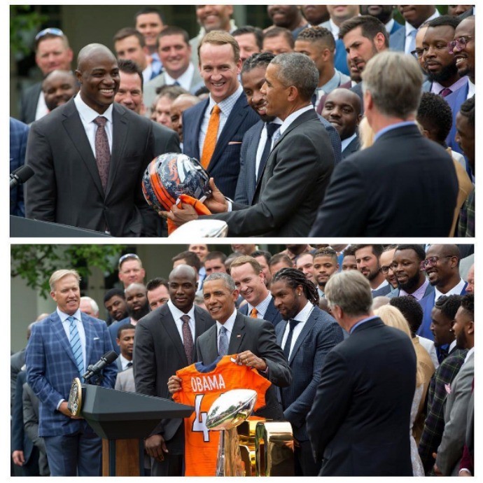 Obama recebe campeões da NFL e brinca ao ganhar capacete de presente