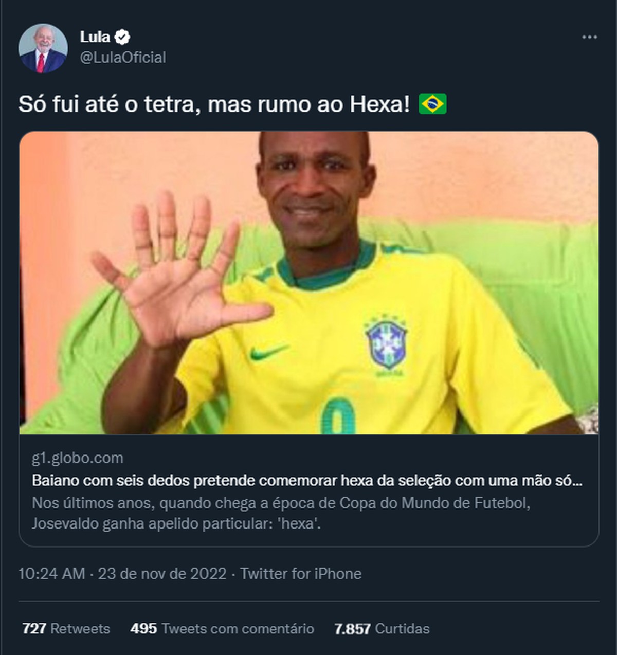 'Só fui até o tetra, mas rumo ao hexa', diz Lula sobre baiano que ...