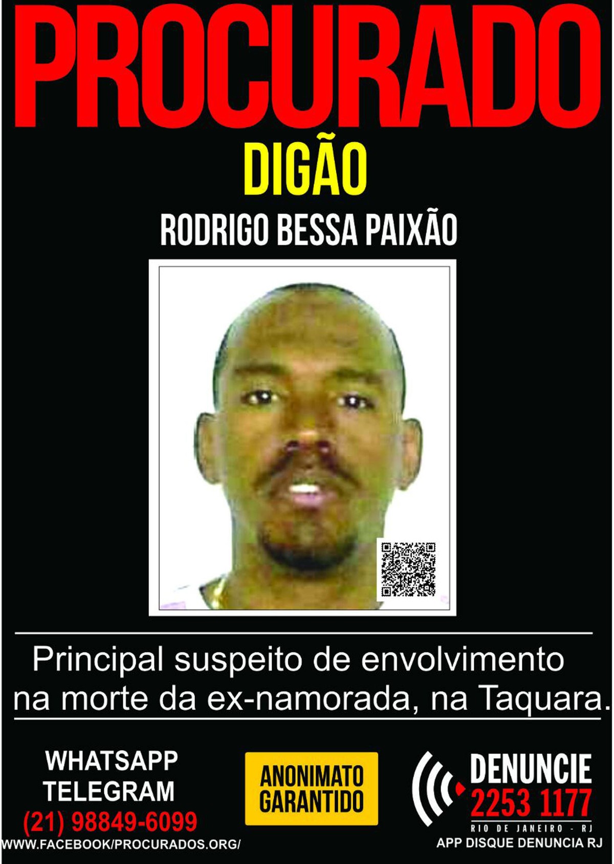 Disque Denúncia Divulga Cartaz De Suspeito De Matar Ex Namorada Na Zona