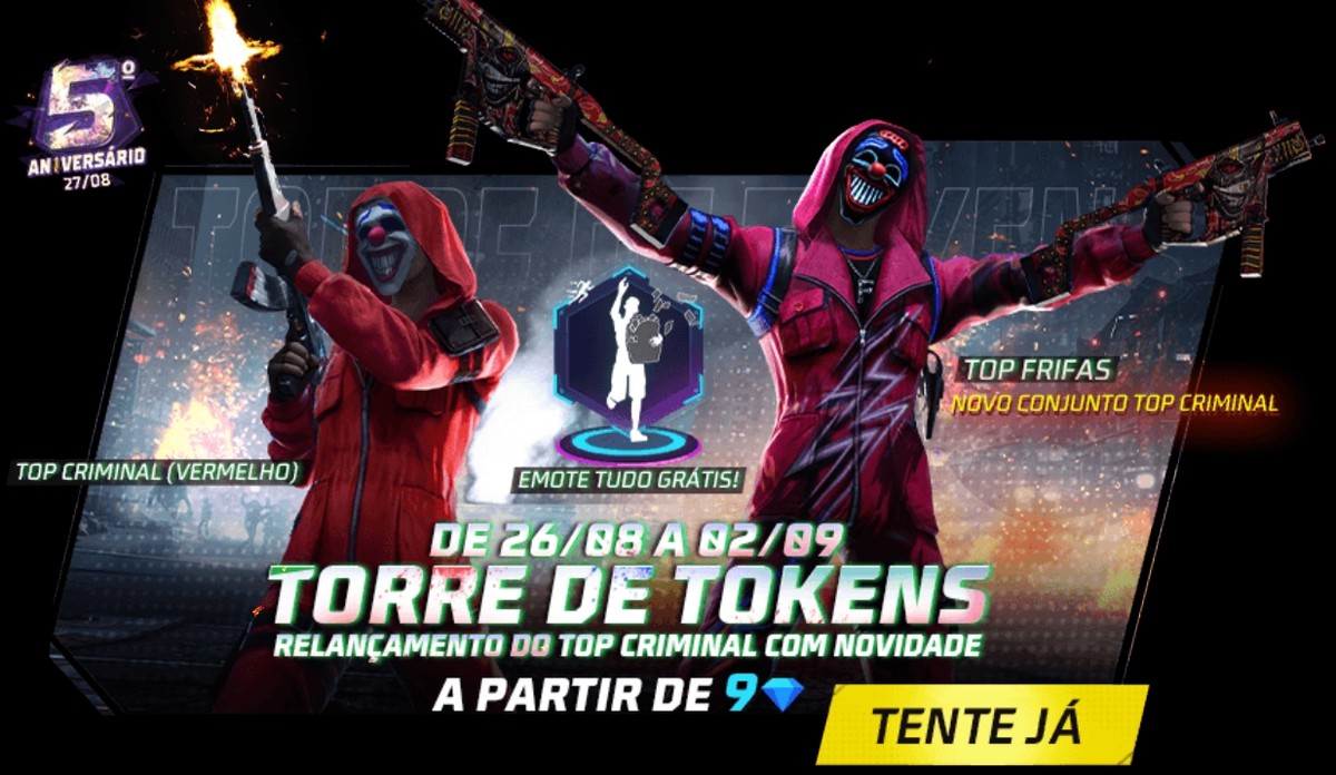 Free Fire: torre de tokens chega com skins Top Criminal | free fire | ge
