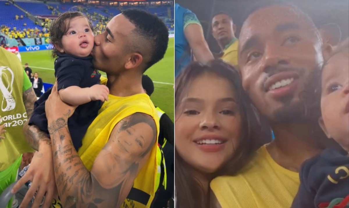 Gabriel Jesus festeja vitória do Brasil com Raiane Lima e a filha do ...
