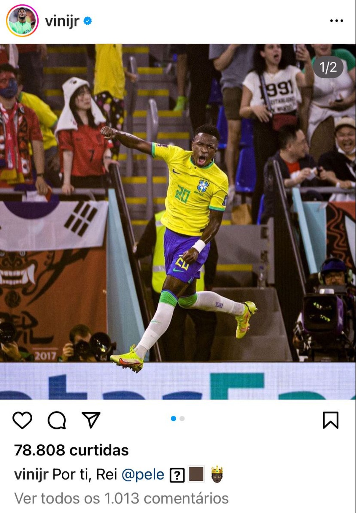 Vini Jr faz post em homenagem a Pelé após vitória do Brasil: "Por ti ...