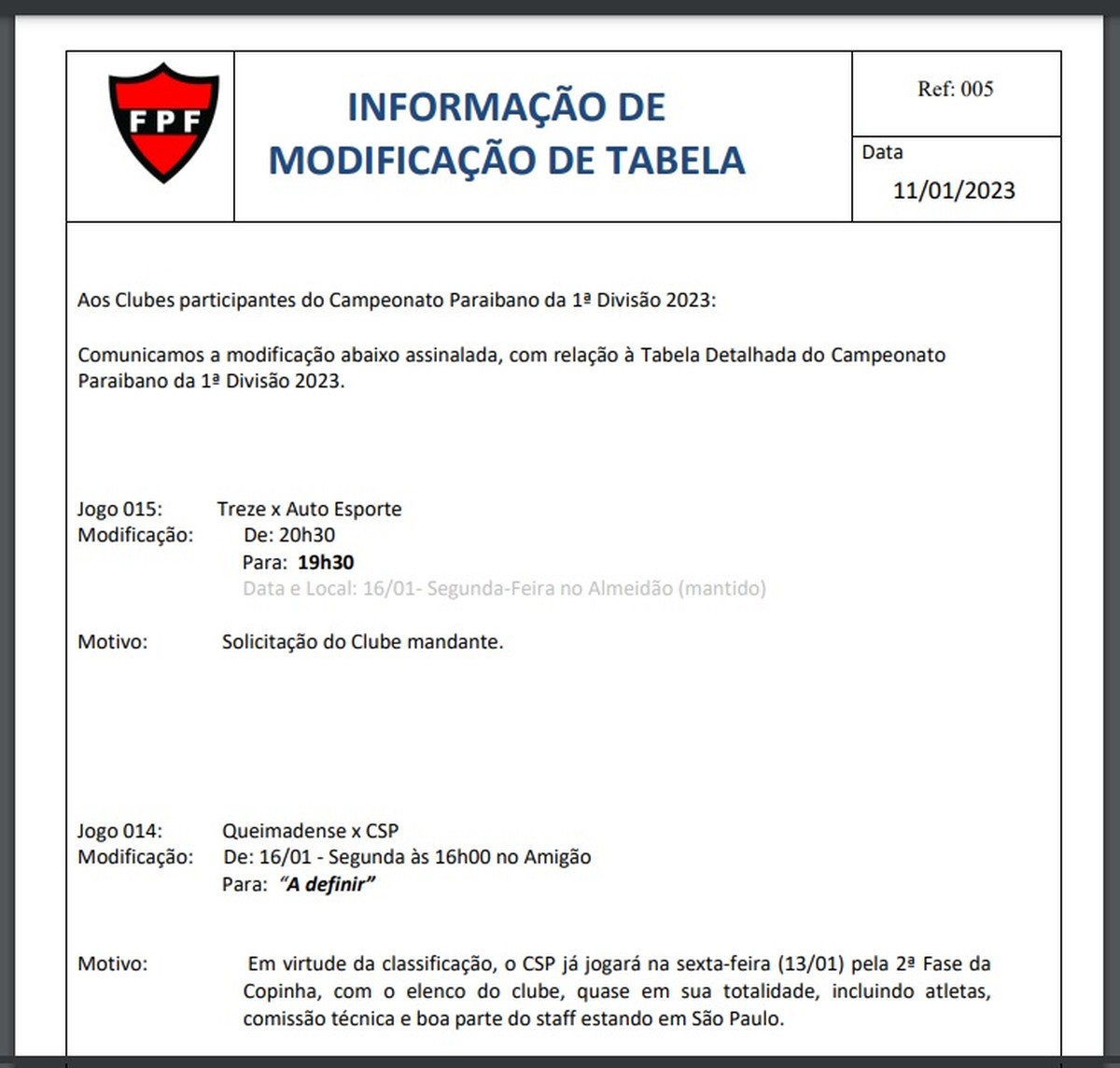 FPF-PB altera horário de Treze x Auto Esporte-PB e adia Queimadense x ...