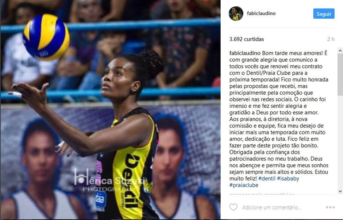 Nas redes sociais, Fabiana promete "amor, dedicação e luta" no Praia ...