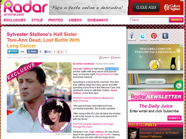 G1 - Morre irmã de Sylvester Stallone, Toni-Ann Filiti, diz site ...