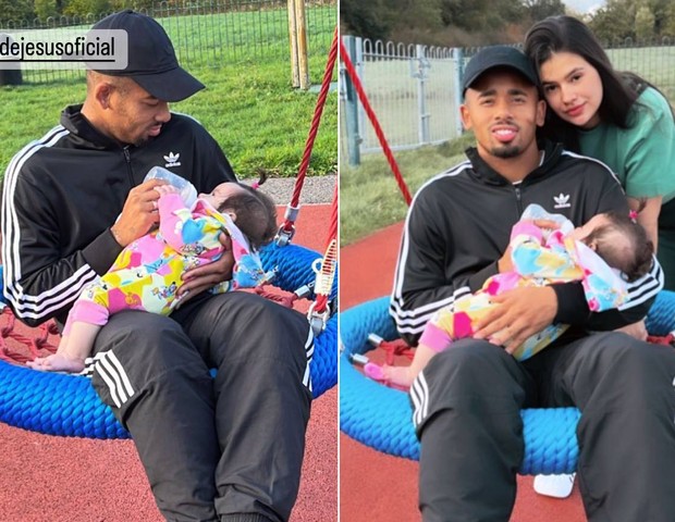 Gabriel Jesus dá mamadeira para a filha ao lado da namorada: "Dia de ...