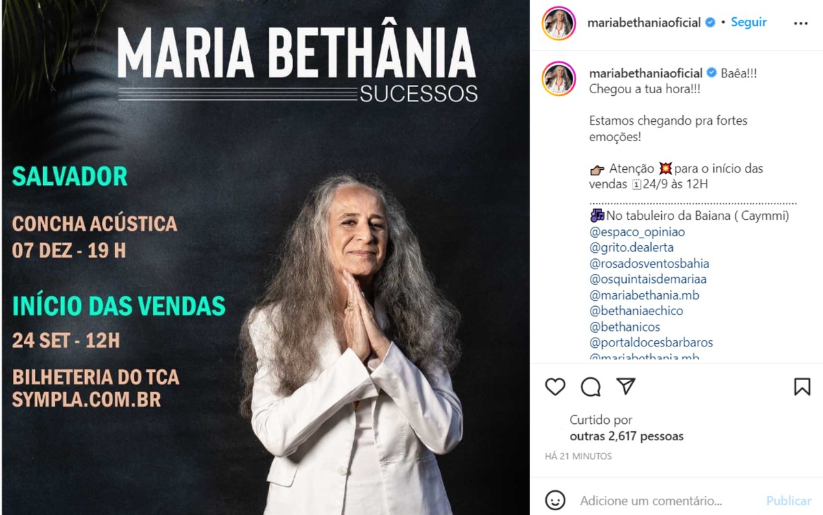 Maria Bethânia anuncia show em dezembro na Concha Acústica do TCA, em Salvador | O que fazer em ...