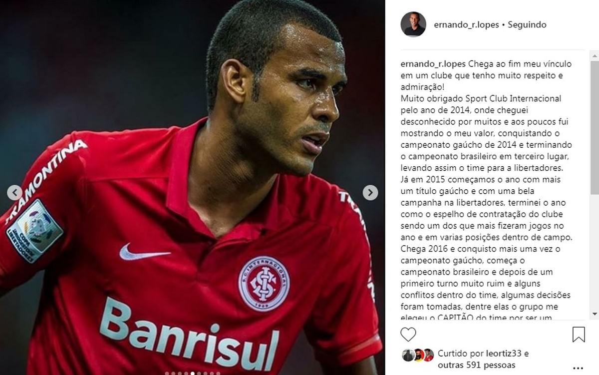 Ernando rescinde com o Inter e se despede do clube: "Muito respeito e ...