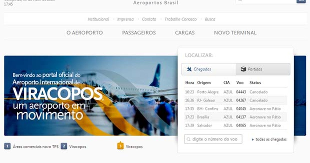G1 - Novo site do aeroporto de Viracopos é lançado com 'tempo real' dos ...