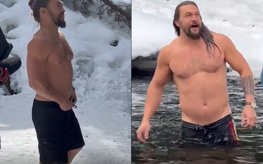 Jason Momoa mergulha sem camisa em lago gelado no meio da neve; vídeo