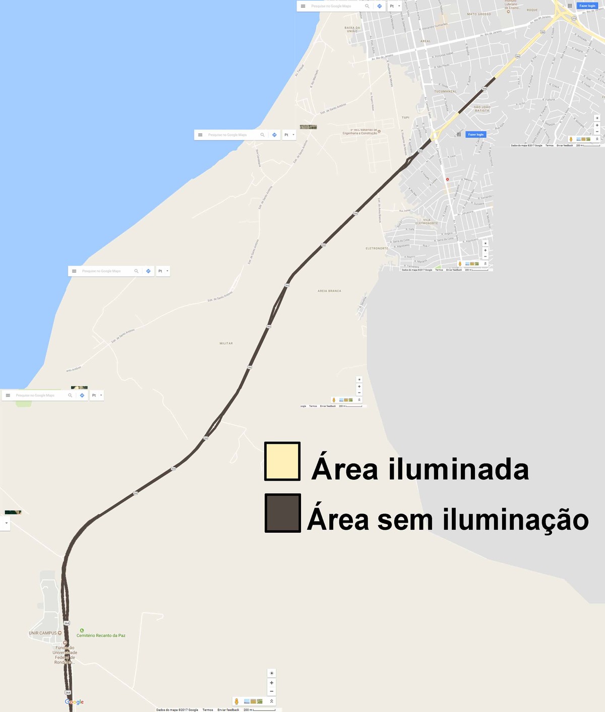 Mapa mostra pontos da BR-364 que estão sem iluminação em Porto Velho ...