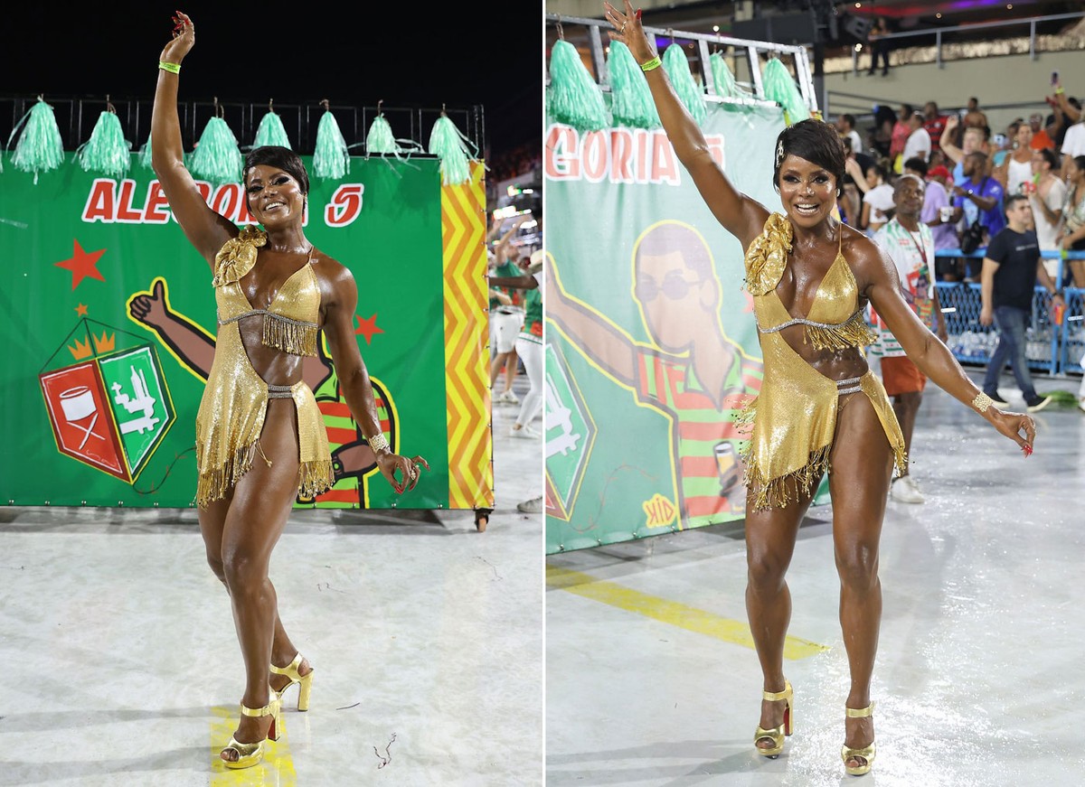 Adriana Bombom escolhe look dourado para ensaio técnico da Grande Rio; veja | Carnaval | Quem