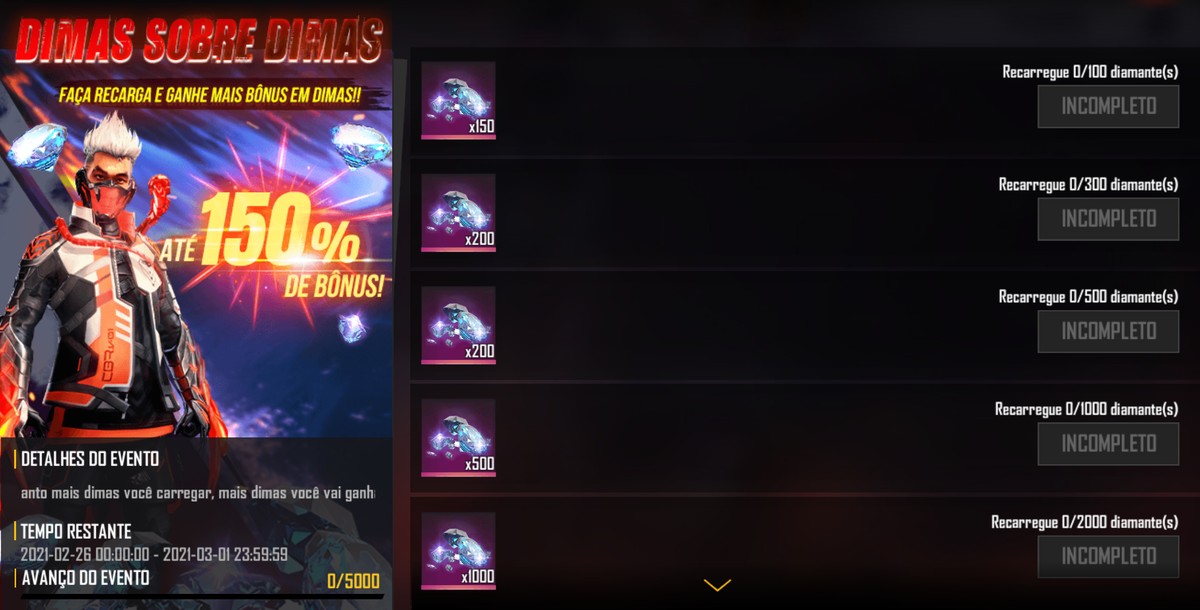 Free Fire: evento de recarga de diamantes inclui bônus de até 150% ...