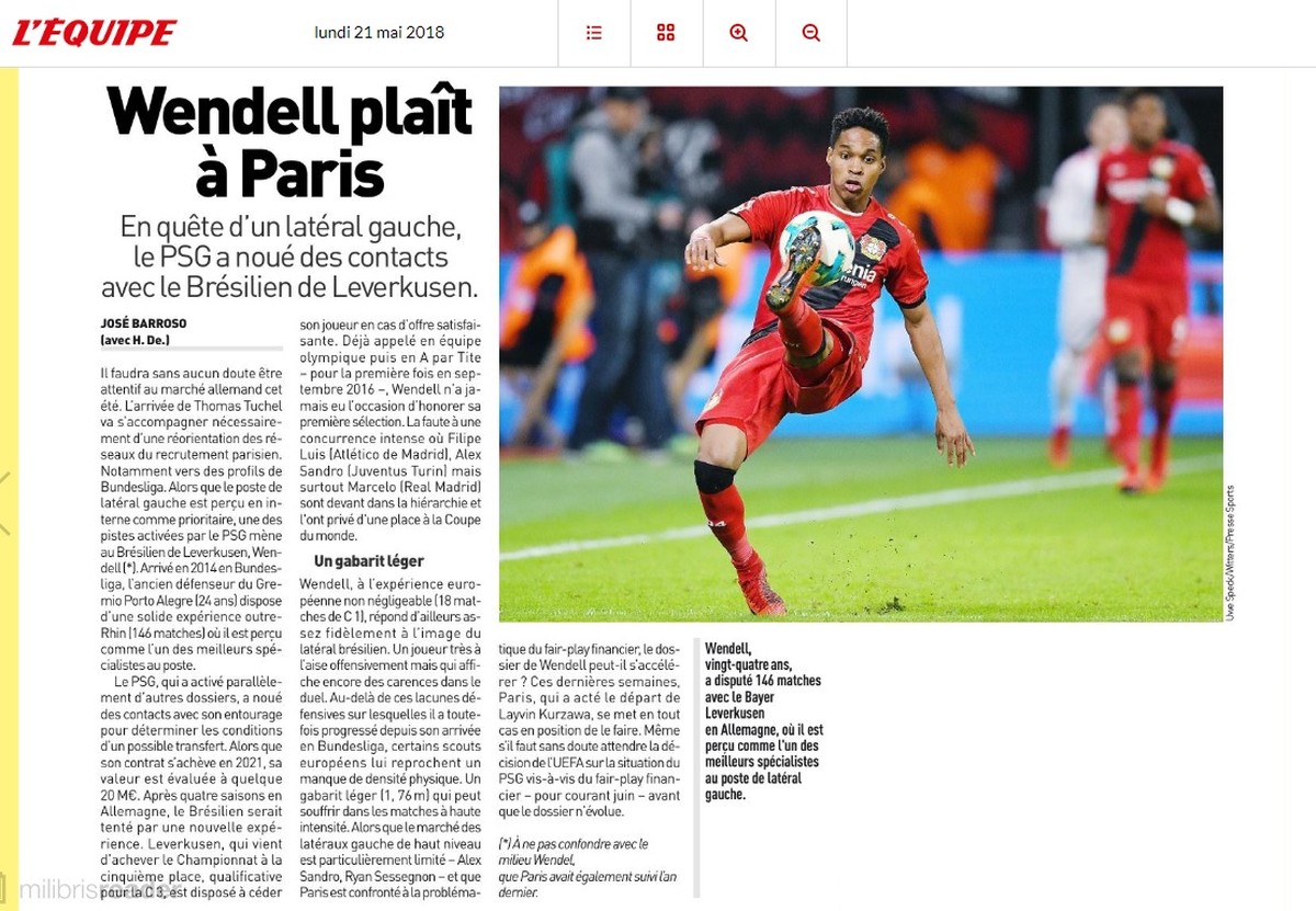 PSG busca lateral-esquerdo e sonda brasileiro Wendell, do Bayer ...